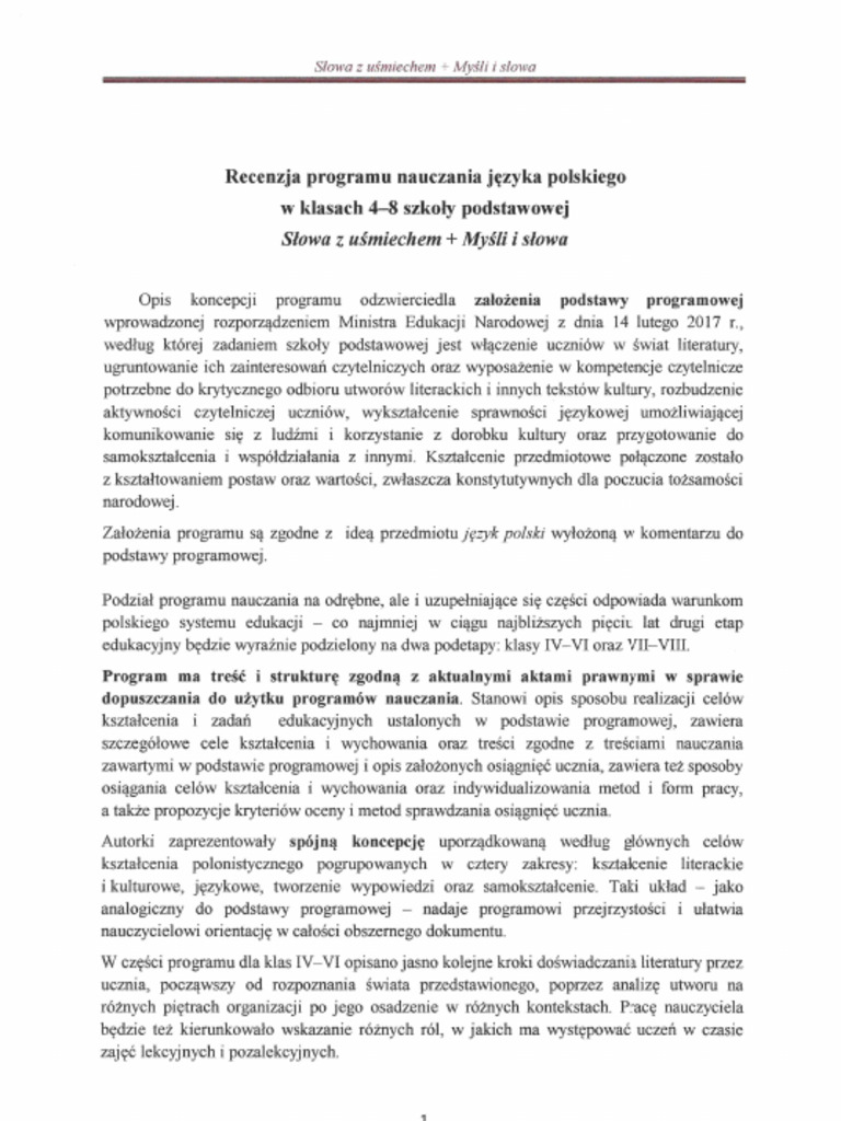 Jpol SP Opinia o Programie Nauczania 4 8 Slowa I Mysli-1 | PDF