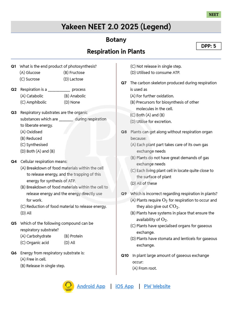 Respiration in Plants - DPP 05 (Of Lec 07) - Yakeen NEET 2.0 2025 ...