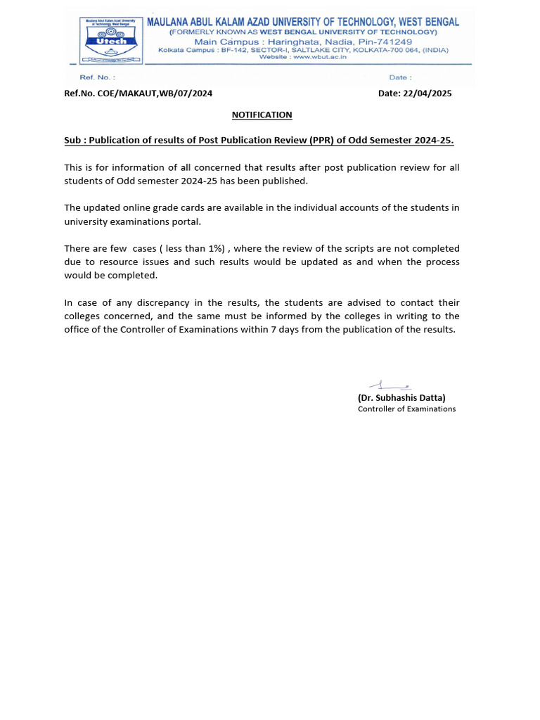 Sub: Publication of Results of Post Publication Review (PPR) of Odd Semester 2024-25 | PDF