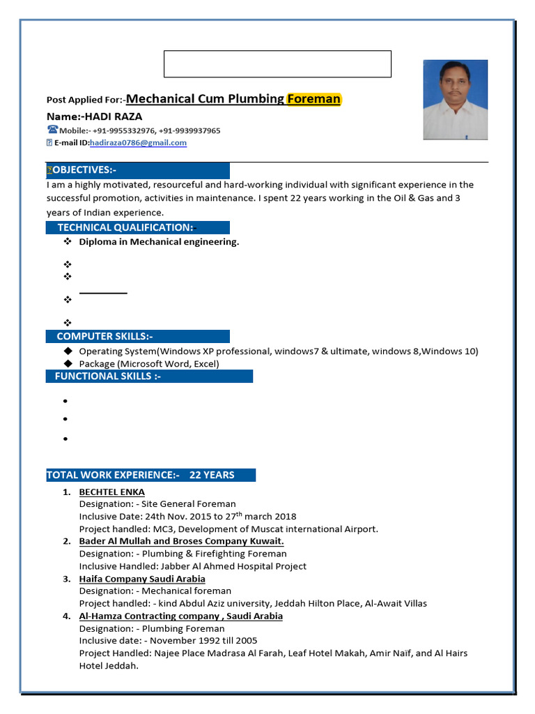 Hadi Raza-Mechanical & Plumbing Foreman and Supervisor-Organized | PDF