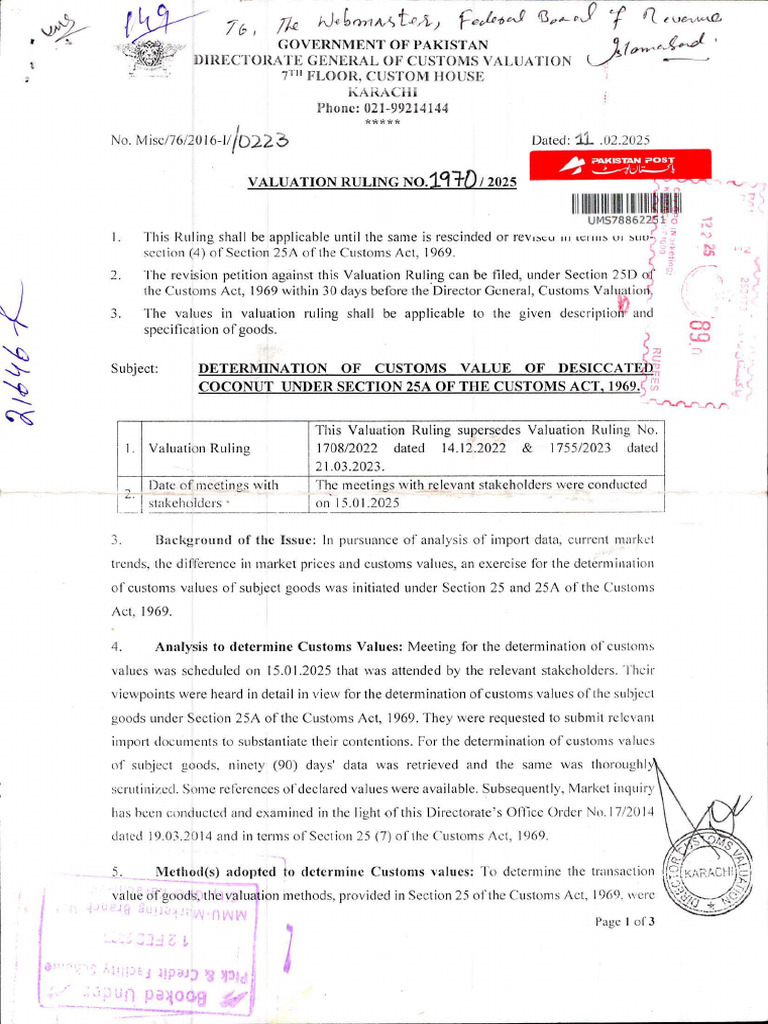 Customs Valuation Ruling for Coconut | PDF | Karachi | Customs