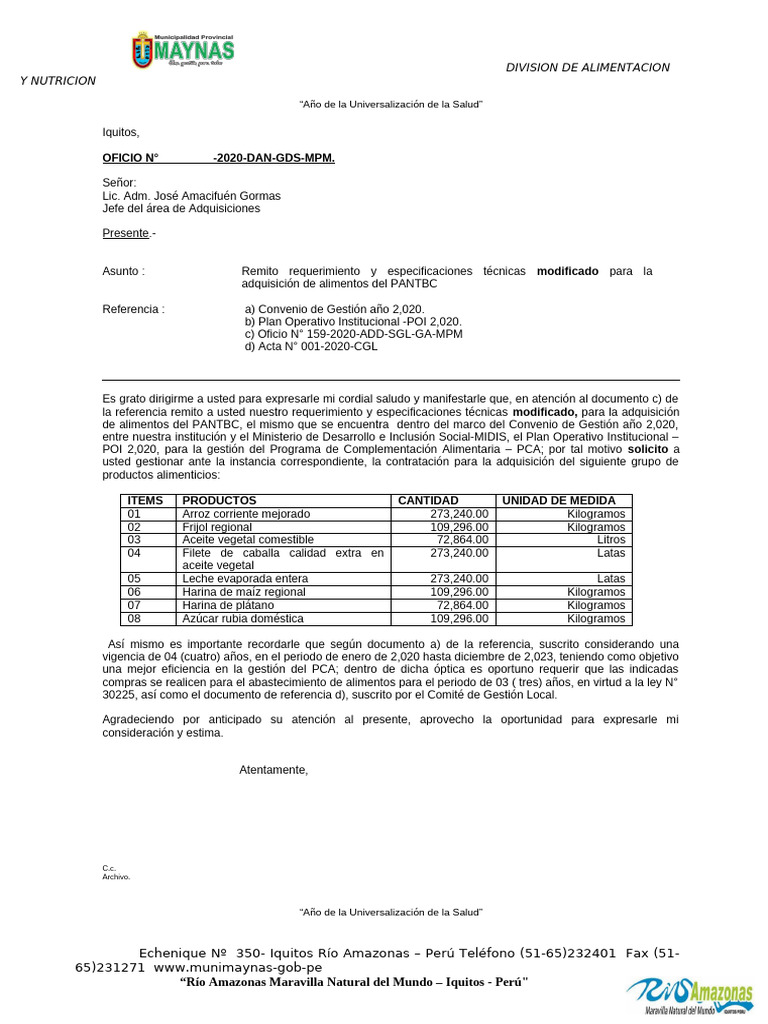 OFICIO Solicita Contratación para La Adquisición de Alimentos | PDF ...