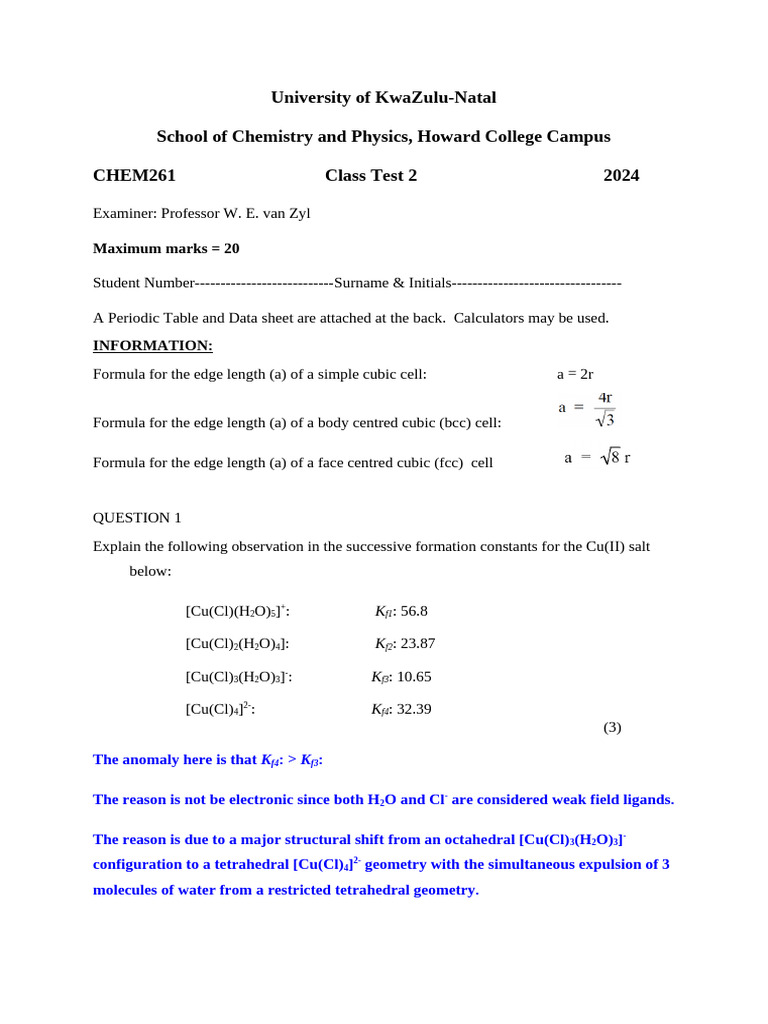 CHEM261 - Test 2 - 2024 - Answers | PDF | Crystal Structure ...