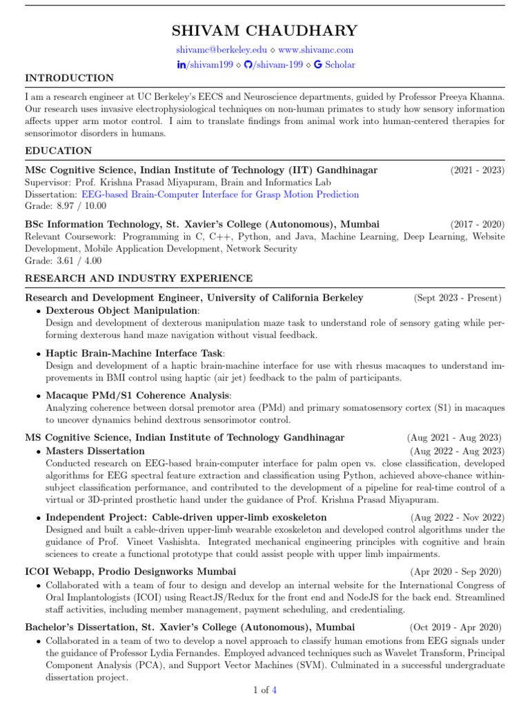 Shivam Chaudhary Curriculum Vitae | PDF | Electroencephalography | Neuroscience