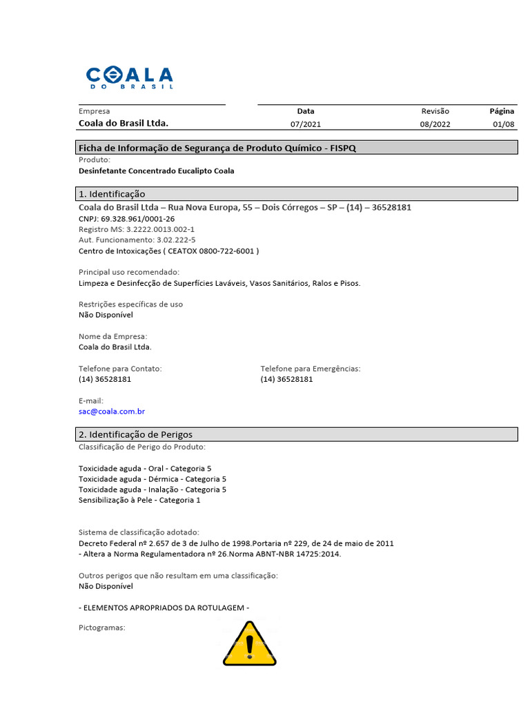 Desinfetante Coala Coala Do Brasil | PDF | Incêndios | Águas residuais