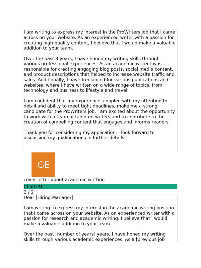 I Am Writing To Express My Interest in The ProWriters Job That I Came ...