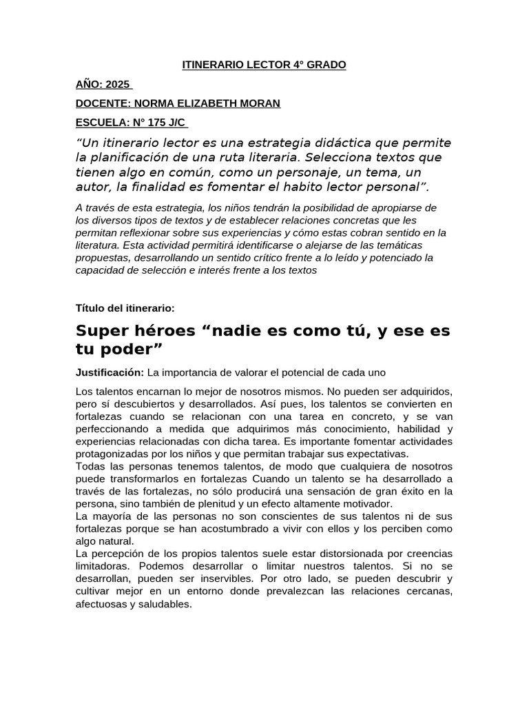 ITINERARIO LECTOR 2025 4° Grado | PDF