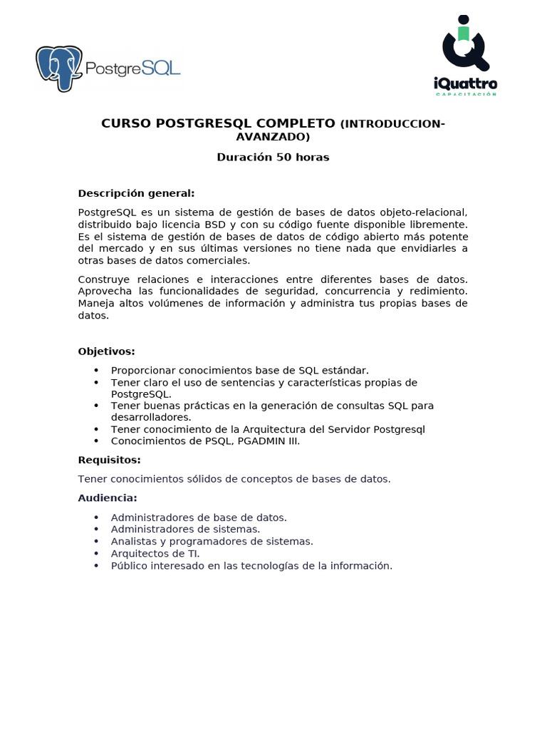 Contenido Postgresql Completo Basico Avanzado | PDF | Postgre Sql | Bases de datos