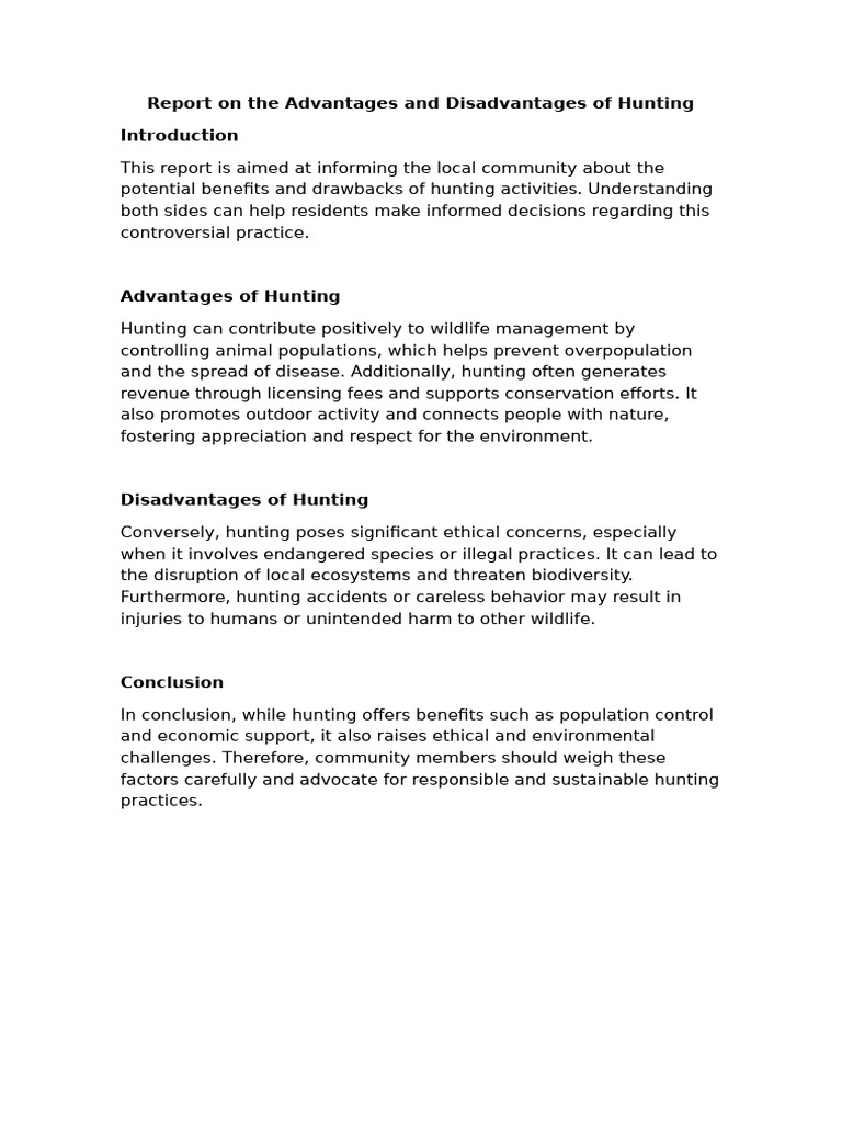 B2 Report on the Advantages and Disadvantages of Hunting | PDF