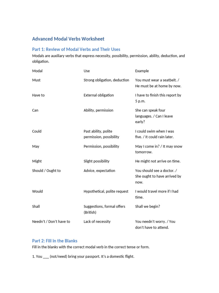 Advanced Modal Verbs Worksheet | PDF | Language Mechanics | Morphology