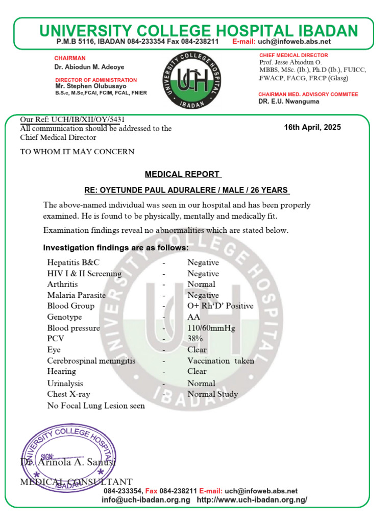UCH Ibadan Medical Fitness Report 2025 | PDF | Medical Specialties ...