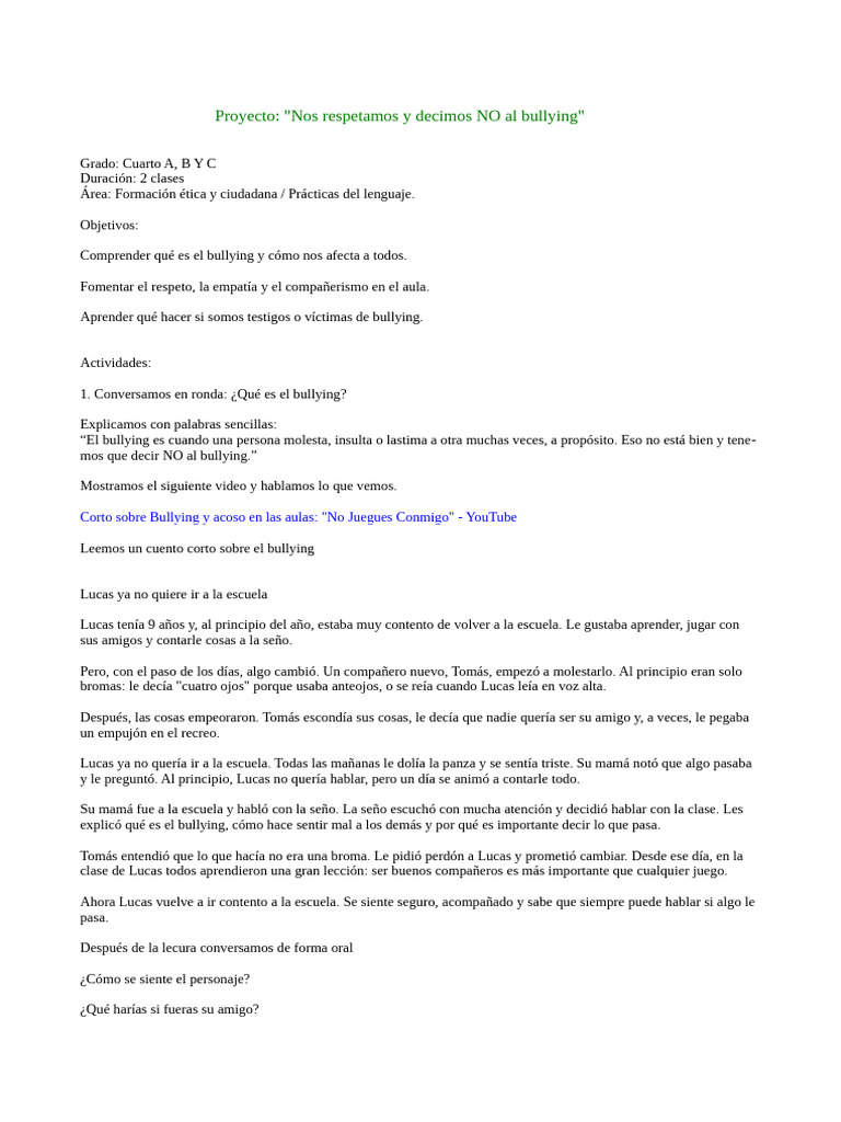 Proyecto contra el bullying en el aula | PDF