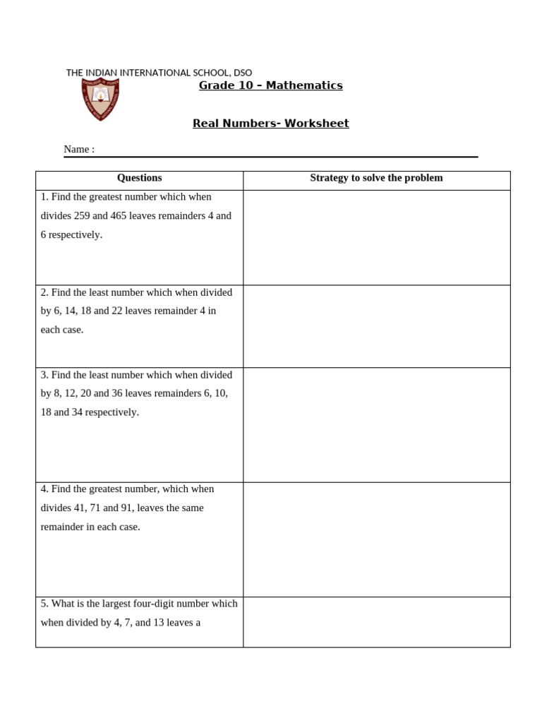 Grade 10 Real numbers-WORKSHEET | PDF