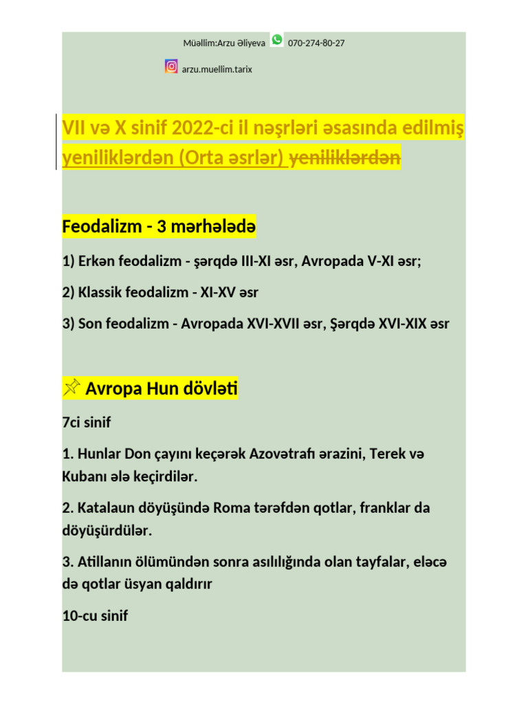 VII-X Sinif Yeniliklər (Orta ƏSR) Arzu - MüəllimTarix | PDF