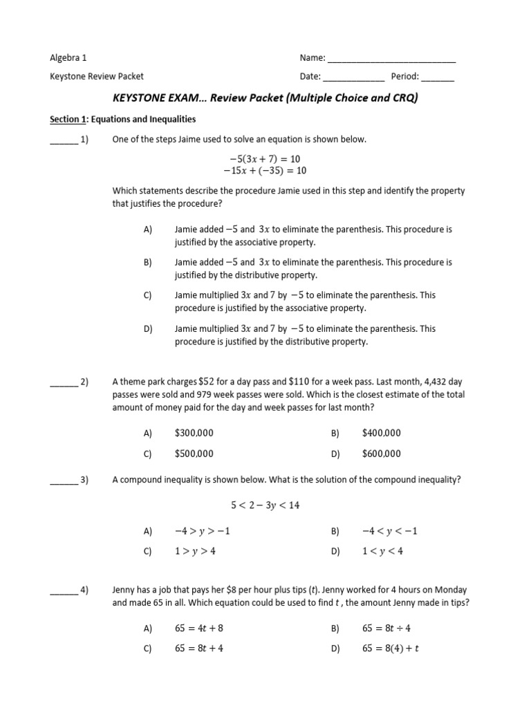 Algebra 1 - Keystone Review Packet With CRQ - 2017 | PDF | Function ...