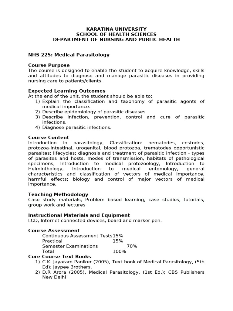 NHS 225 Medical Parasitology Course Outline | PDF