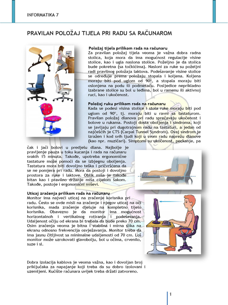 Pravilan Polozaj Tijela Pri Radu Sa Racunarom | PDF