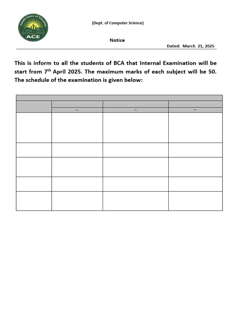 Internal Date Sheet April 2025 BCA | PDF