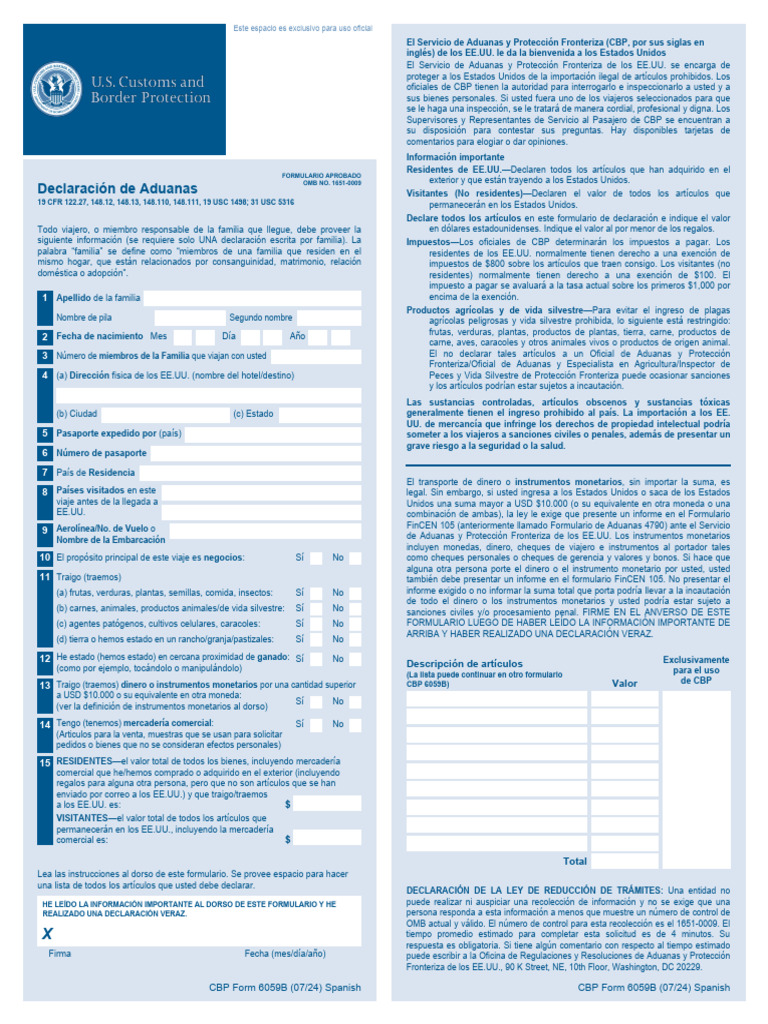 CBP Form 6059b Spanish | PDF | Aduanas y Protección de Fronteras de EE.UU | Dinero