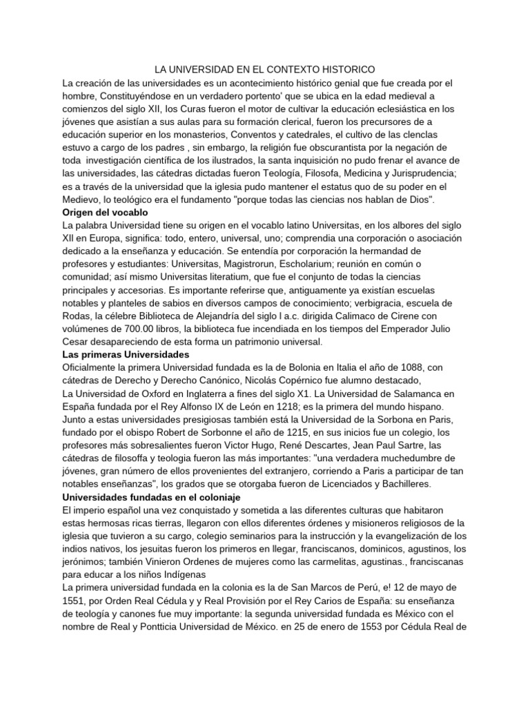La Universidad en El Contexto Historico | PDF | Universidad | Bolivia