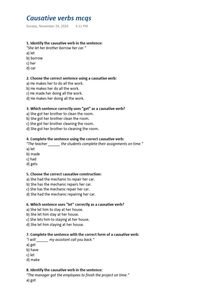 Causative Verbs Practice Test | PDF | Verb | Linguistic Morphology