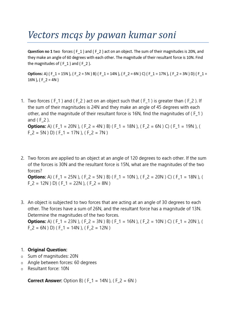Vectors Mcqs | PDF