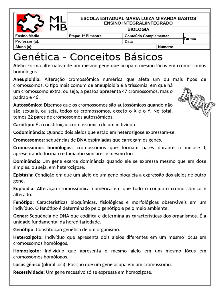 Conceitos Básicos de Genética para Ensino Médio | PDF | Alelo | Genótipo