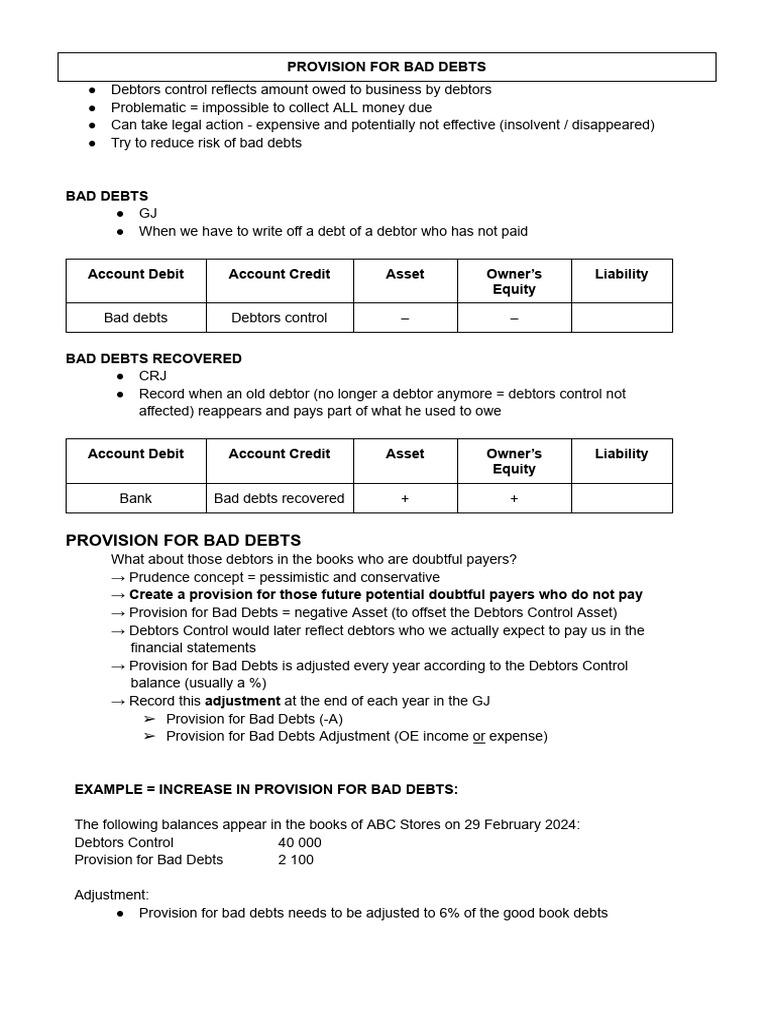 Provision For Bad Debts Notes and Examples | PDF | Debtor | Bad Debt