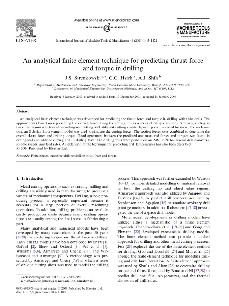 An Analytical Finite Element Technique For Predicting Thrust Force H98 | PDF | Drilling | Force