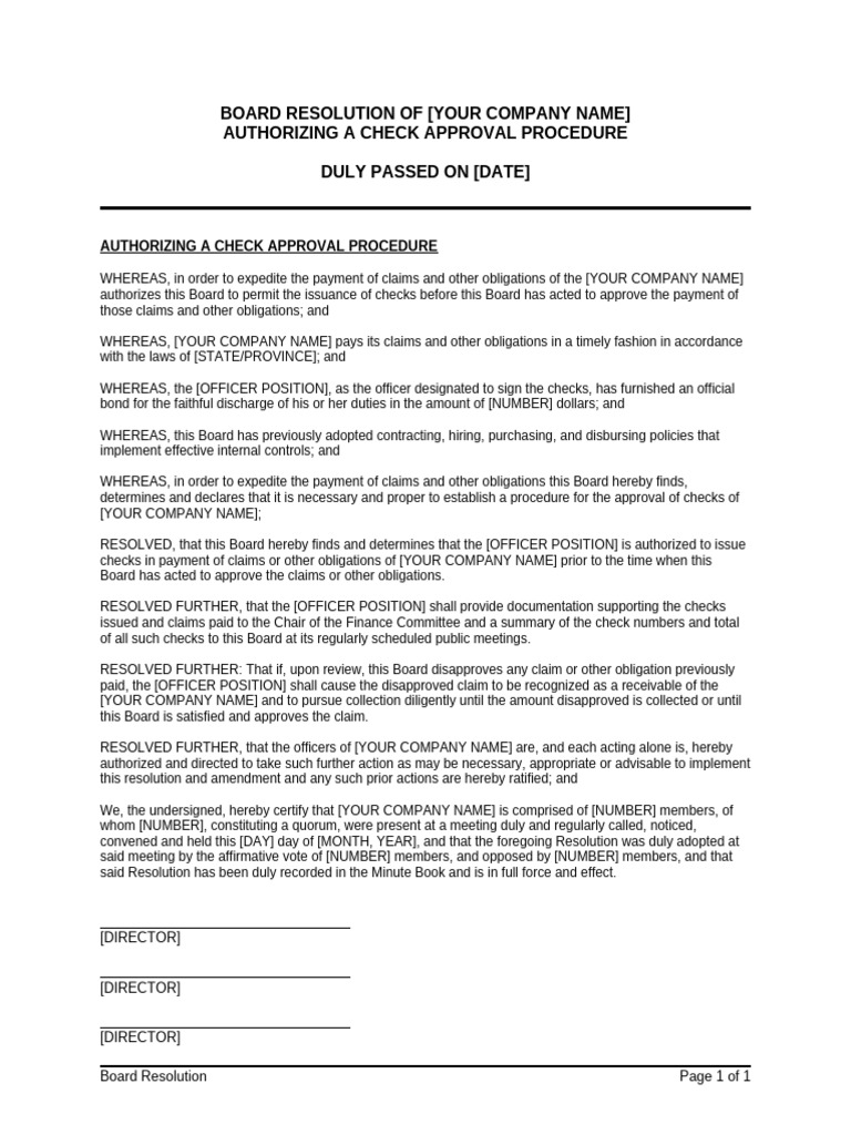 Board Resolution Authorizing A Check Approval Procedure | PDF ...