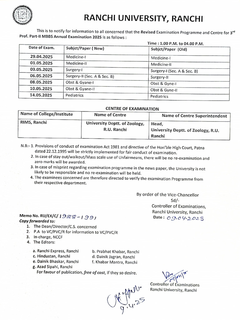 Noticerevised Examination Programme and Centre For 3rd Prof. Part-II MBBS Annual Examination ...