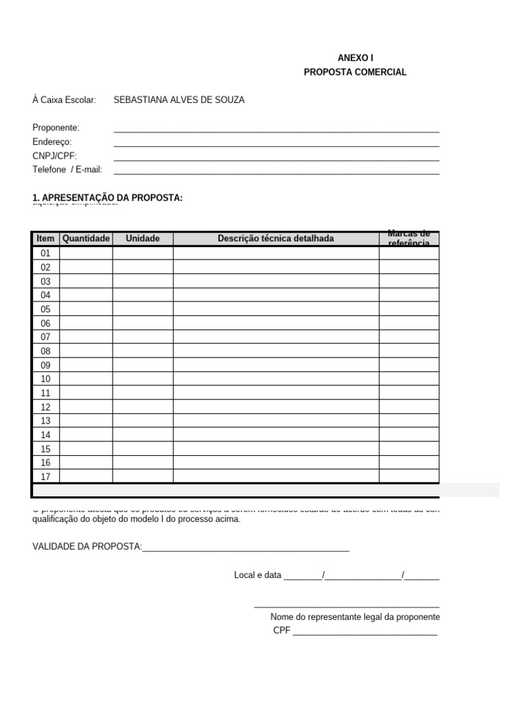 Anexo I Proposta Comercial - Sugestão em Excel | PDF