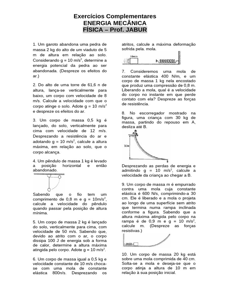 Exerc Complem Energia Mecanicad | PDF | Massa | Velocidade