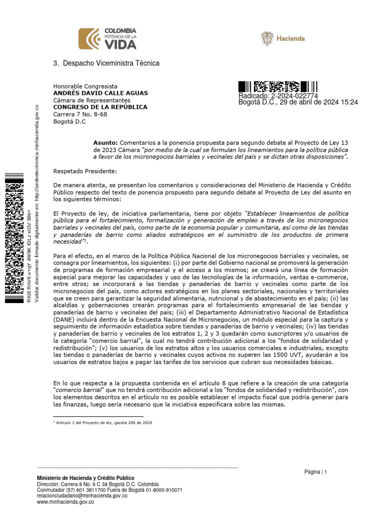 Carta 2 Debate PL 013-23C Micronegocios Barriales VT | PDF | Balance ...