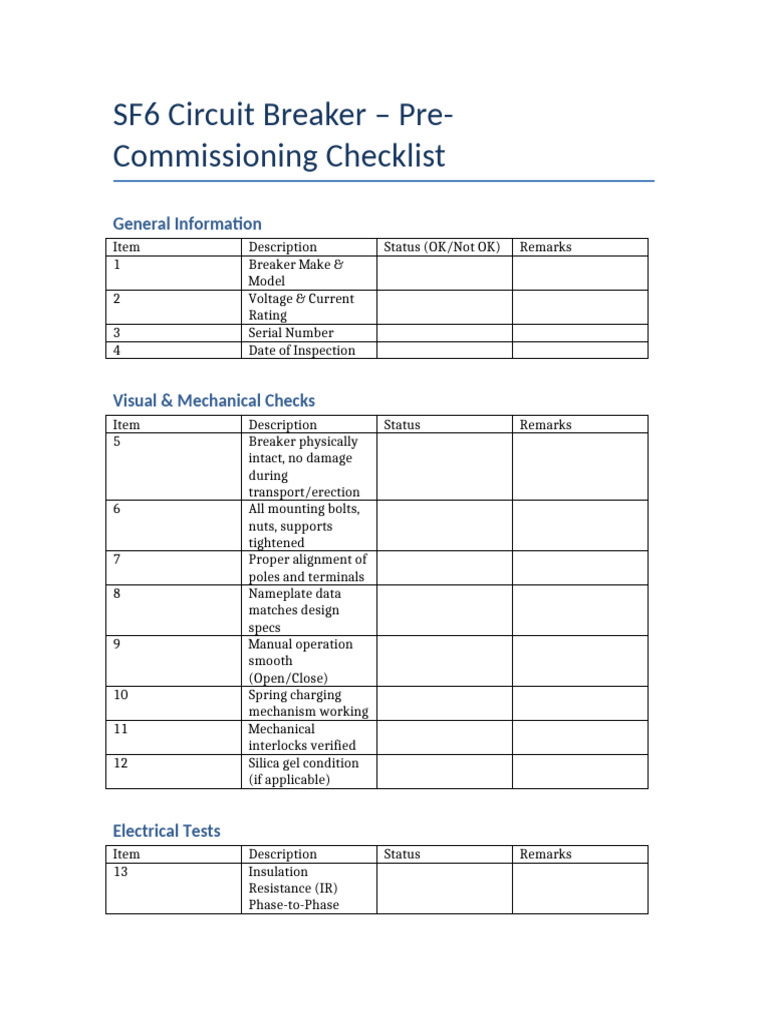 SF6 Circuit Breaker Pre-Commissioning Checklist | PDF | Switch ...