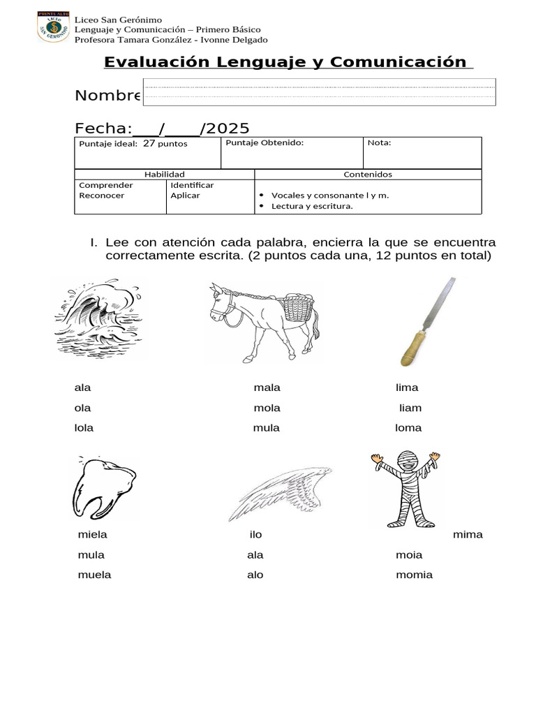 Evaluación Lenguaje Letra L Y M Pdf