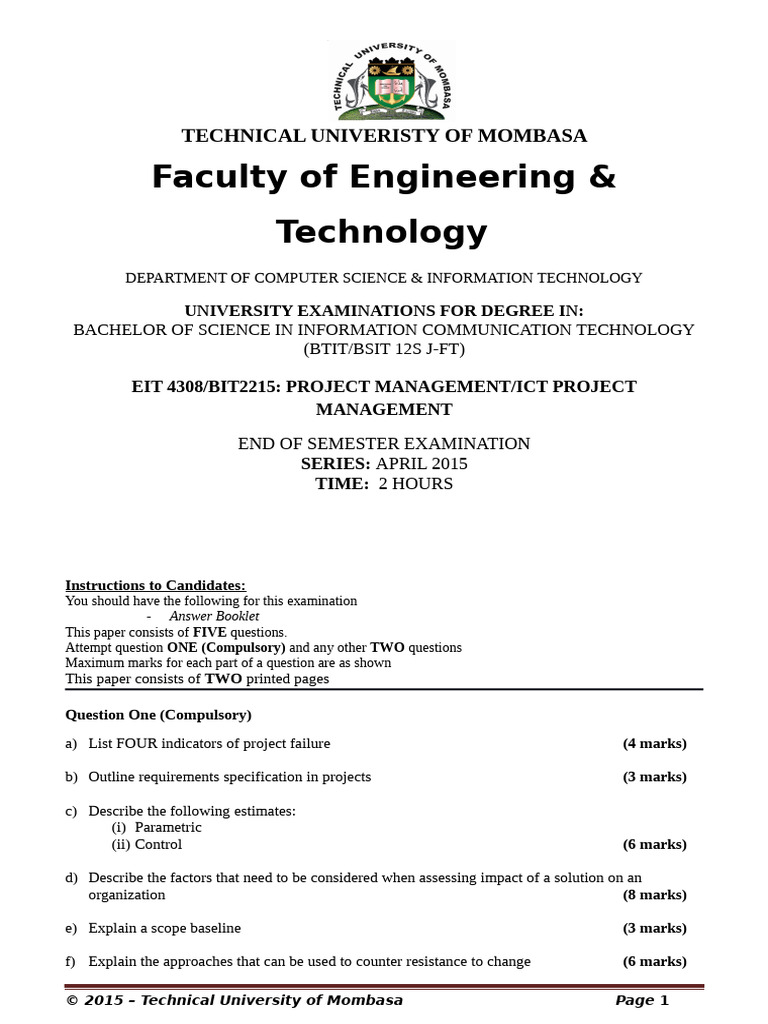 PROJECT MANAGEMENT ICT PROJECT MANAGEMENT EIT 4308 BIT 2215 PAPER | PDF ...