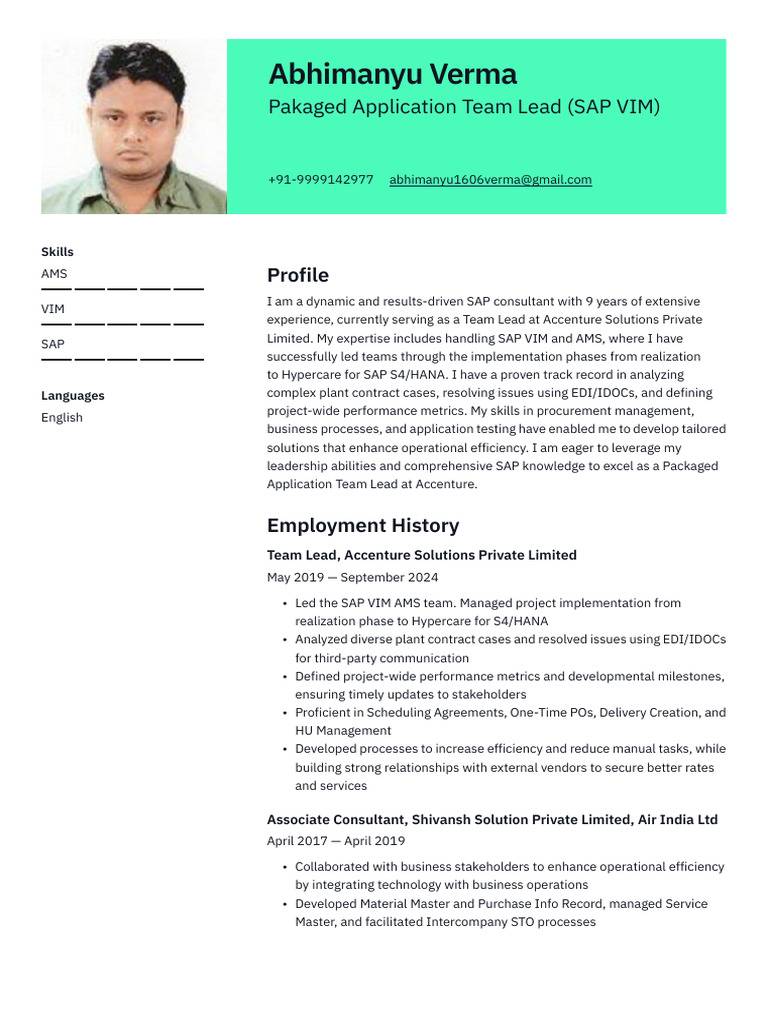 Abhimanyu_Verma_-_Pakaged_Application_Team_Lead_(SAP_VIM) | PDF | Computing | Information Technology