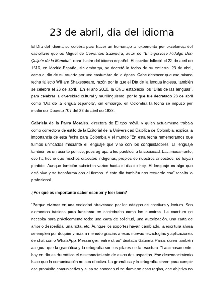 Celebración del Día del Idioma Español | PDF | Lengua española ...