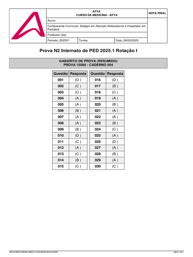 Gabarito - Prova00004 - Caderno15080 - Prova n2 Internato de Ped 20251 Rotao I | PDF
