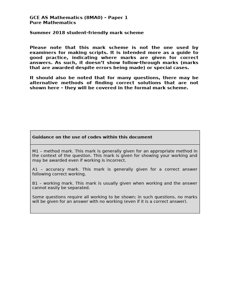 2018 AS Maths Paper 1 Mark Scheme | PDF | Elementary Mathematics ...