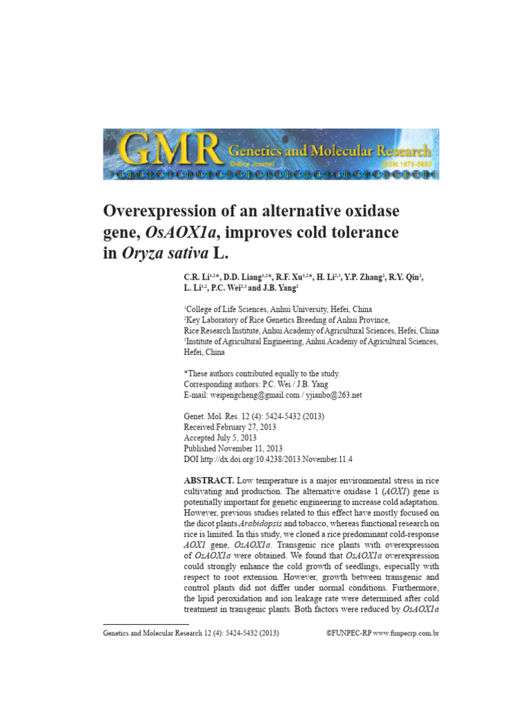Overexpression of An Alternative Oxidase Gene Osaox1a Improves Cold ...