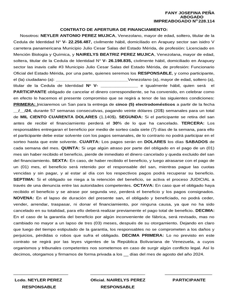 Contrato de Financiamiento San 2024 | PDF