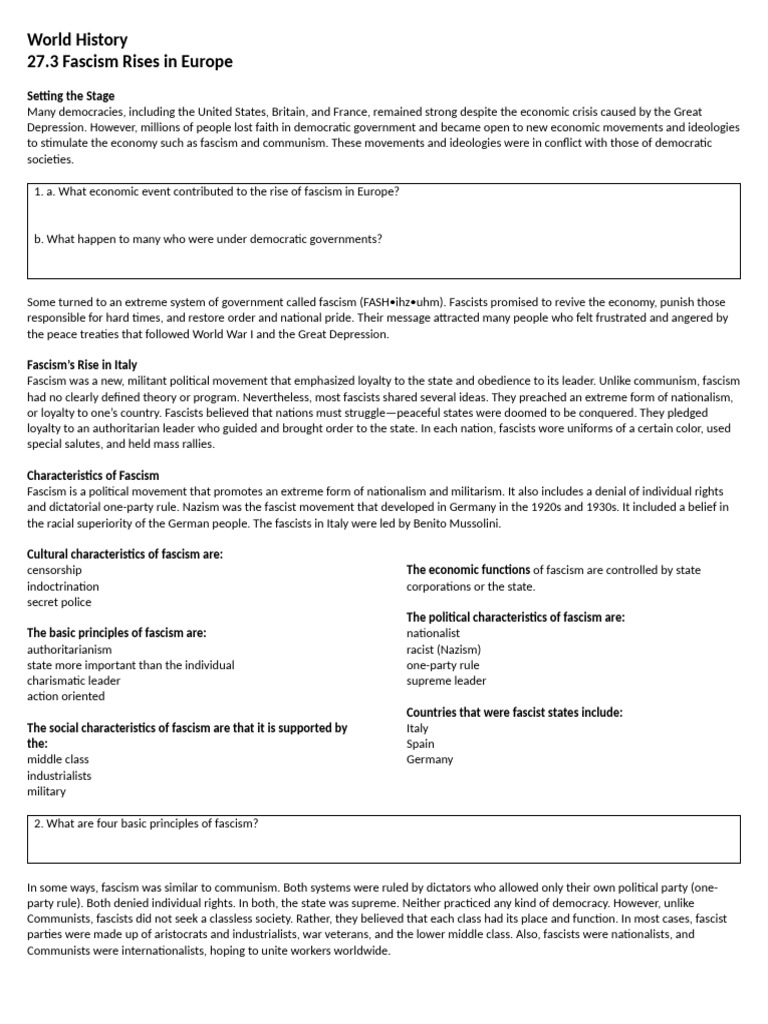 27.3 Questions - Fascism Rises in Europe | PDF | Fascism | Benito Mussolini