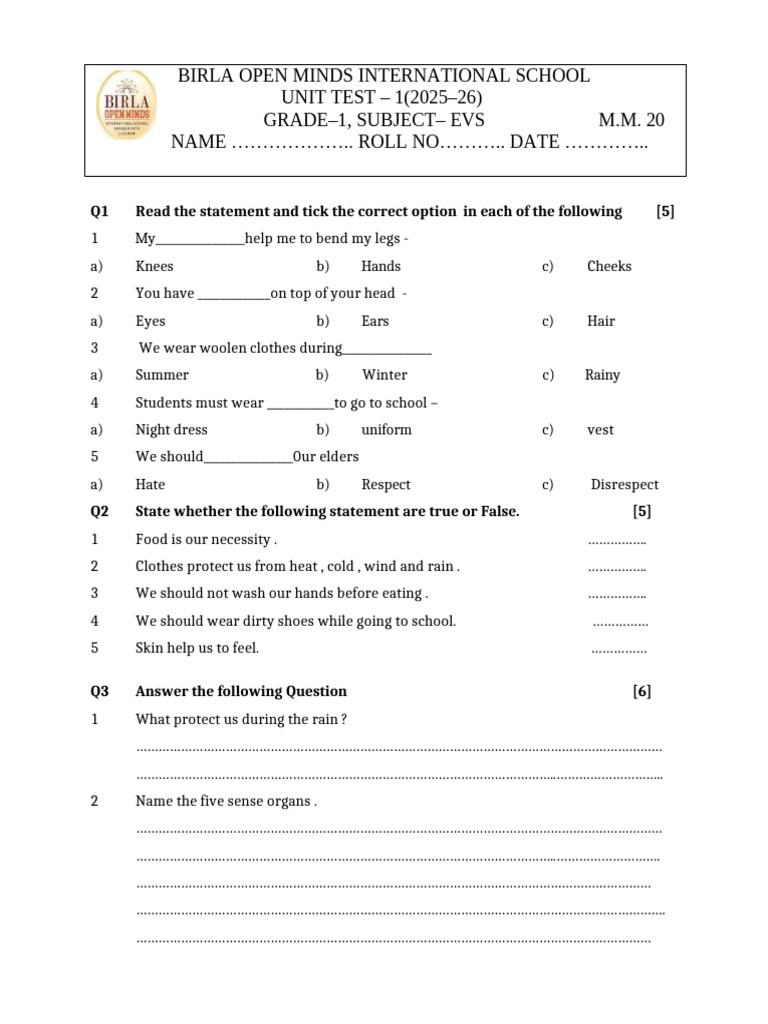 Evs Ut 1 2025-26 | PDF
