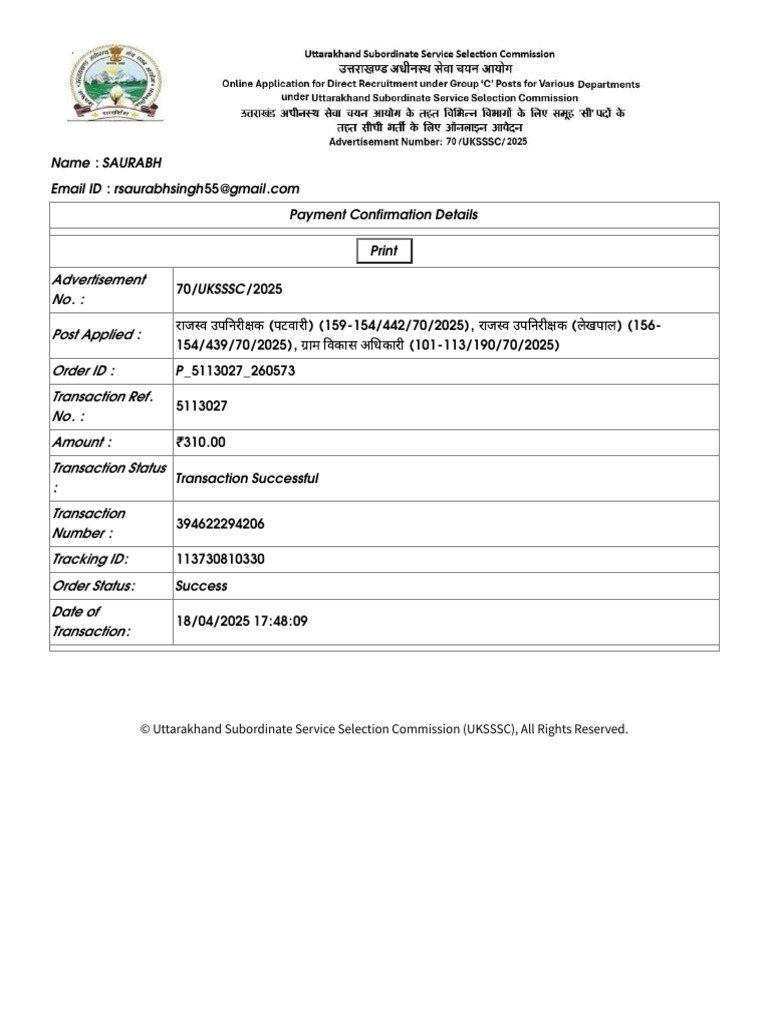 UKSSSC Payment Confirmation Details | PDF