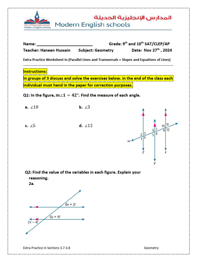 Parallel Lines Worksheet | PDF