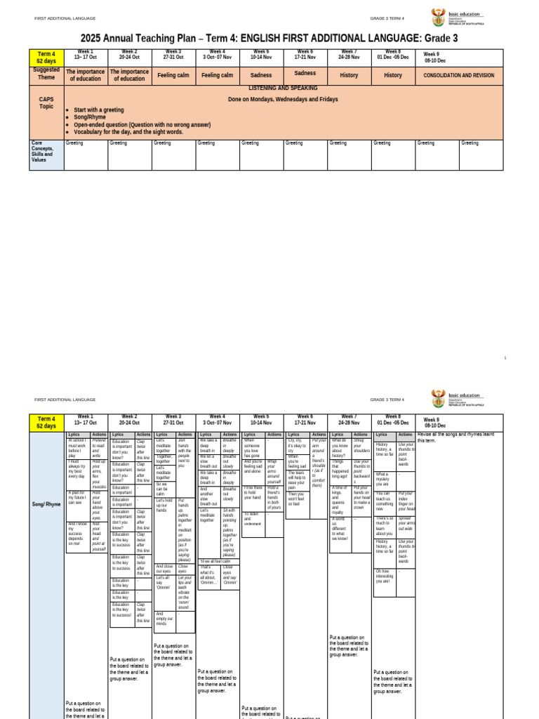 Grade 3 EFAL Term 4 Teaching Plan | PDF | Noun | Syllable