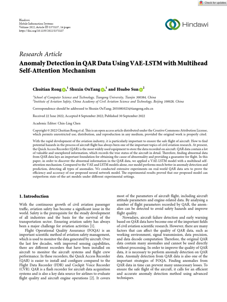 Mobile Information Systems - 2022 - Rong - Anomaly Detection in QAR Data Using VAE LSTM With ...