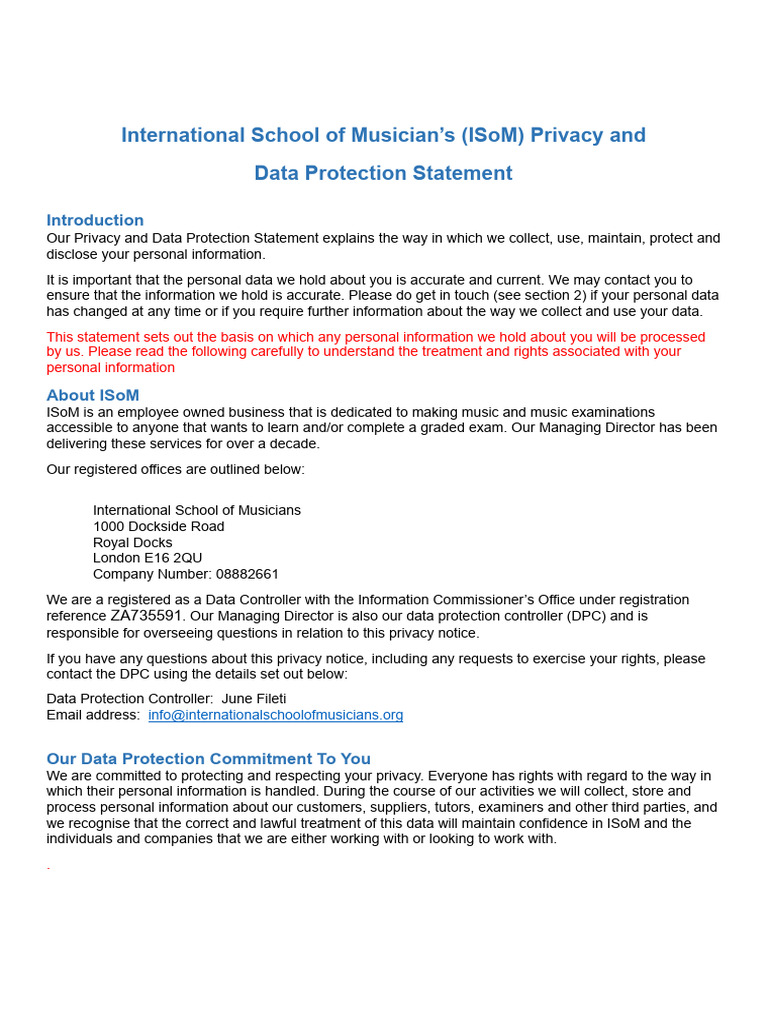 International School of Musician Privacy and Data Sharing Policy | PDF ...